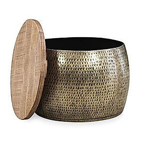 Powell Hammered Gold Drum with Natural Wood Lift Top for Storage Janice Table