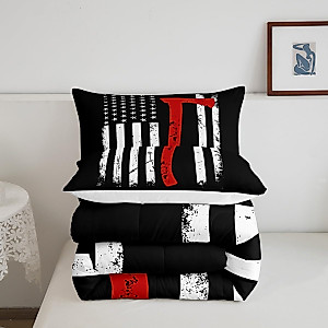 Boys Firefighter Twin Size Comforter Set,Kids American Flag Decor All Season Bedding Set,Teens Fireman Comforter,Children Red Black White Decor Quilt Set Bedroom Collection 2Pcs