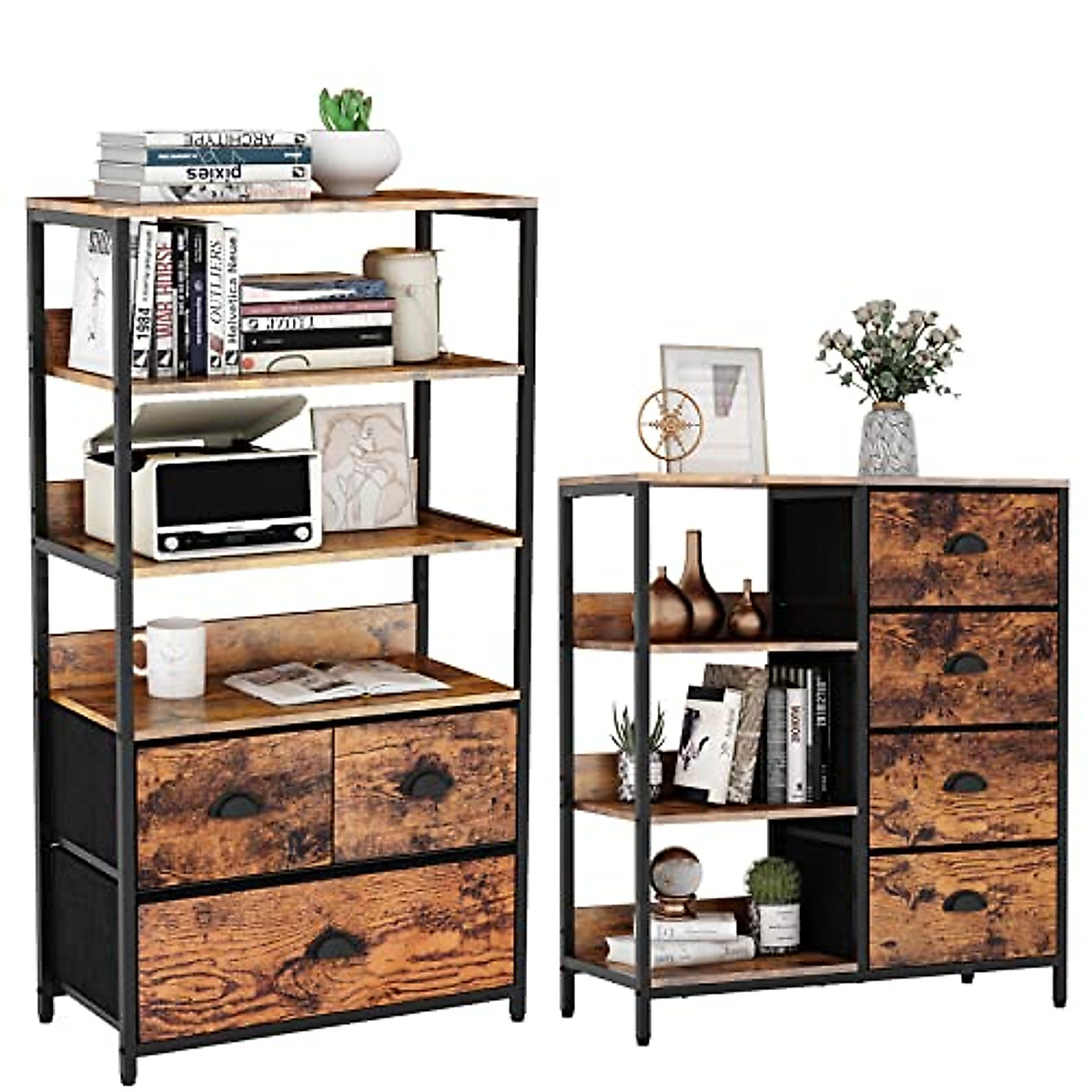 Furologee 4-Tier Storage Shelf Unit with 3 Drawers and Fabric Dresser with 4 Drawers and Side Shelf for Entryway, Bedroom, Nightstand, Office, Kitchen (Rustic Brown)