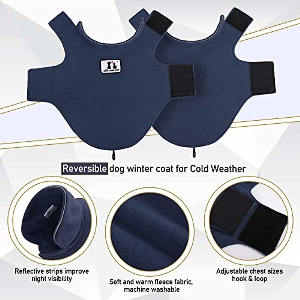 DENTRUN Windproof Winter Warm Fleece Medium Dog Coat Reversible Puppy Jacket Reflective Soft Pet Vest, Cold Weather Dog Sweater Apparel Leash Access Overcoat for Medium Breeds, NavyBlue, M