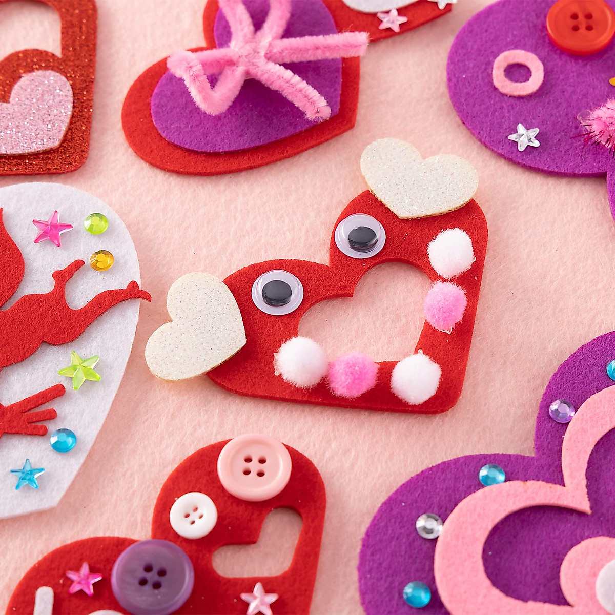 Caydo 730PCS Valentine Day Arts and Crafts Supplies for Kids, Including Felt Sheets Pipe Cleaners Pom Poms Wiggle Eyes Feather for Valentine's Day Craft and Decorations