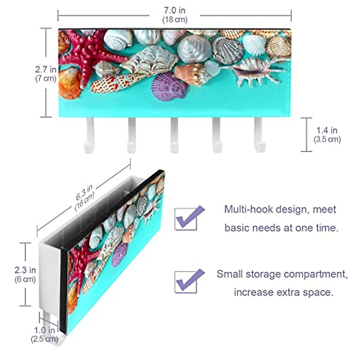 Marine Gastropods Starfish Conch Rack Organizer with 5 Hooks Wall Bathroom Kitchen Shelf Rack Multifunctional Storage Shelf