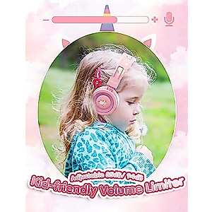 SIMJAR Unicorn Headphones with Microphone for School, Unicorn Rubber Band Included, Volume Limiter 85/94dB, Wired Foldable Girls Headphones for Online Learning/Travel/Tablet/iPad (Pink)