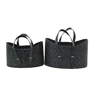 Deco 79 Leather Oval Storage Basket with Handles, Set of 2 21", 19"W, Dark Blue