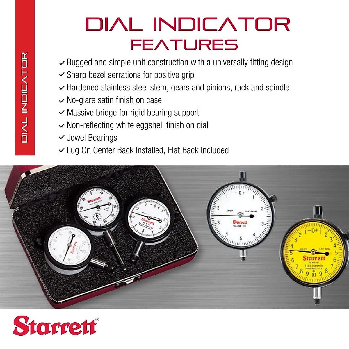 Starrett Dial Indicator Set with Jewel Bearing and Case - White Face, 025", .125", 1.00" Range, 0-5-0, 0-25-0, 0-100 Dial Reading, .001" Graduations - S253Z
