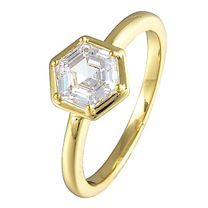 RIZILIA BEEHIVE Hexagon Solitaire Ring with Custom-Cut 1CT (6mm) Gemstone [White Cubic Zirconia] in 18K Yellow Gold Plated, Size 7
