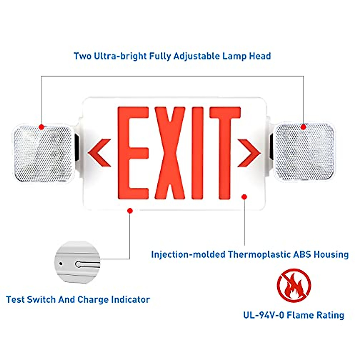 LED Exit Sign with Emergency Light, 2 Adjustable Head Flood Lights, OSTEK Double Sided Red Emergency Exit Sign and Lights Combo, 90min Backup Battery, Fire Resistant 120-277V (UL 94V-0)(1pack)