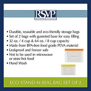 RSVP International Reusable Food Storage Collection ECO Seal Bags, Stand-N-Seal Set, Orange/Yellow
