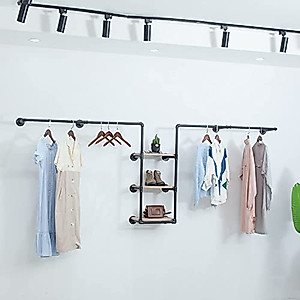 CIVANA Black Garment Rack,Industrial Pipe Clothing Rack Rustic Garment Hanging Bar, Retail Display Shelf with 3 Tiers Wood, Boutique Multi-Purpose Storage Rack (Black, 110'' L)