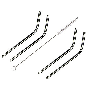 Short Thin Bent Stainless Steel Straws for Cocktail Glasses, Small Cups, or Half Pint Mason Jars (4 Pack + Cleaning Brush + Cloth Bag)