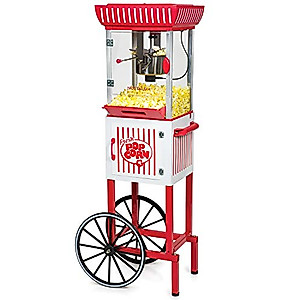 Nostalgia Popcorn Maker Cart, 2.5 Oz Kettle Makes 10 Cups, Retro Classic Popcorn Machine with Interior Light, Measuring Spoons and Scoop, White and Red