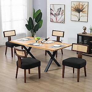 WQSLHX Rattan Dining Chairs Set of 6, Modern Kitchen Dining Room Chair with Curved Cane Back & Hardwood Frame in Dark Walnut Finish, Black Linen Upholstered