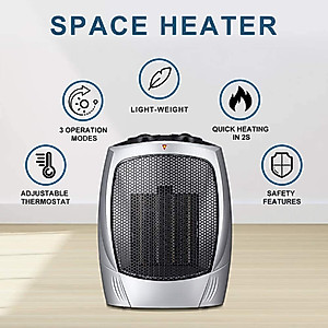 Kismile Small Space Heater Electric Portable Heater Fan for Home and Office Ceramic Fan Heaters with Adjustable Thermostat, 750W/1500W (8.1 Inch, Black)