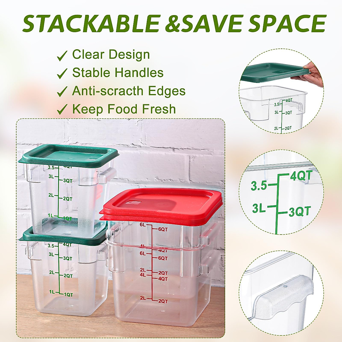 Lallisa 4 Pcs 6 Qt and 4 Qt Food Storage Containers with Lids and Handles Square Food Containers with Scales Polycarbonate Air Tight Containers for Home Storage Kitchen Restaurant