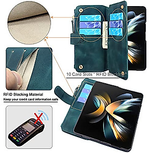 Lacass [Cards Theft Scan Protection 10 Card Slots Zipper Pocket Wallet Case Flip Leather Phone case Cover for Samsung Galaxy Z Fold 4 / z fold4 5G (2022)(Floral Cyan)