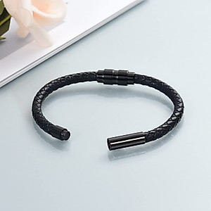 shajwo Cremation Jewelry Cylinder Urn Bracelet for Ashes for Women Men Leather Memorail Ashes Bracelet,Black-22cm