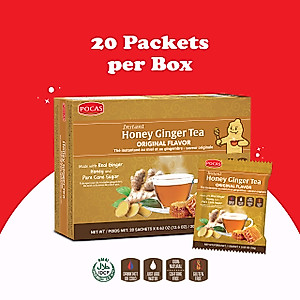 Pocas Honey Ginger Tea - Instant Tea Powder Packets with Ginger Honey Crystals Tea, Non-GMO/Gluten Free/Caffeine Free, 20 Count
