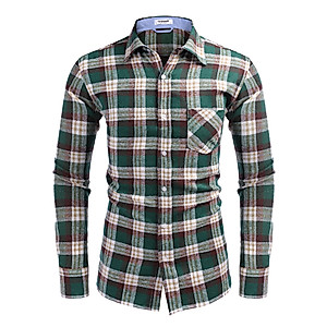Tinkwell Mens Cotton Button Down Shirts Long Sleeve Plaid Dress Shirts Regular Fit M Green White