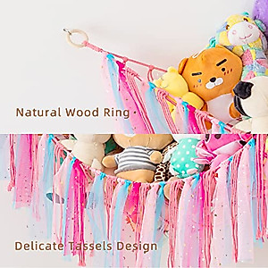 Vorey Stuffed Animal Storage Macrame Stuffed Animal Net or Hammock Toy Hammock Stuffed Animal Holder Hanging Stuffed Animal Organizer Plushie Net for Stuffed Animals Corner, Pink