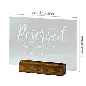 Acrylic Reserved Sign with Wood Stand- 5” x 7" Clear Acrylic Reserved For Brides Family Sign | Table Decoration Signs with Holder for Wedding Reception & Event Party Table Centerpiece Decoration