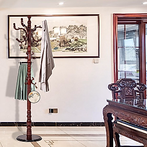 RUFXIEZW Coat Rack Freestanding, Wooden Tree Coat Rack Stand with 3 Adjustable Sizes Coat Tree and 14 Hooks, Sturdy Hall Tree with Solid Round Base for Entryway, Hallway, Bedroom (Reddish brown)