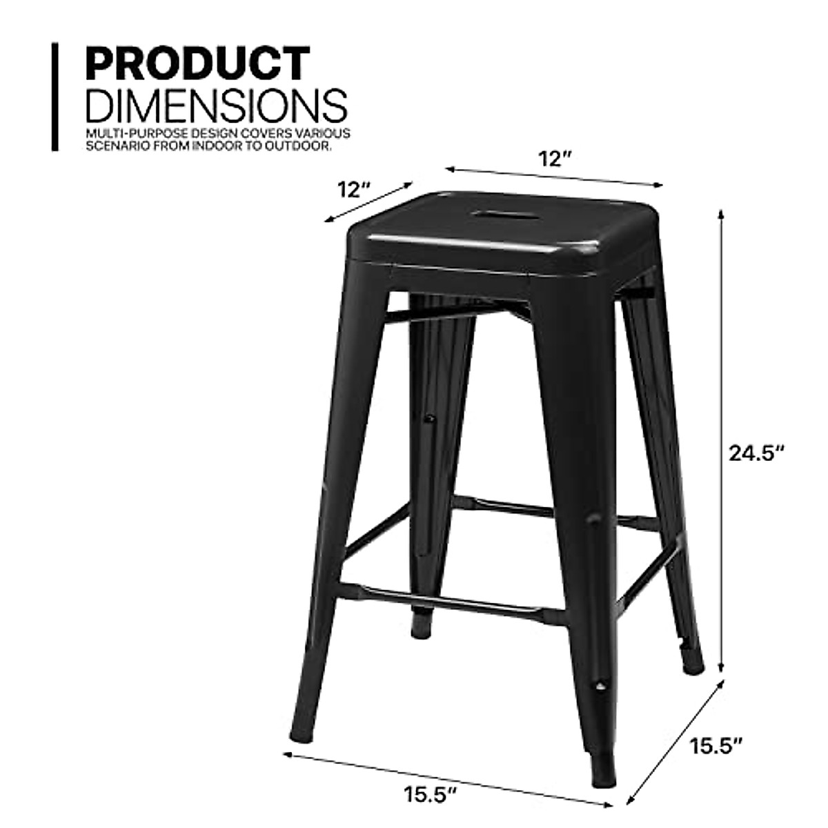 24 Inch Metal Bar Stools Set of 4, MoNiBloom Backless Counter Height Black Stackable Barstools with Square Seat for Indoor Outdoor