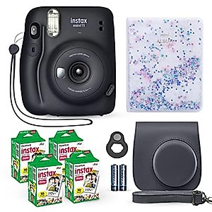 Fujifilm Instax Mini 11 Instant Camera Charcoal Gray + Fuji Film Value Pack (40 Sheets) + Shutter Accessories Bundle, Incl Compatible Carrying Case, Selfie Lens, Quicksand Beads Photo Album 64 Pockets