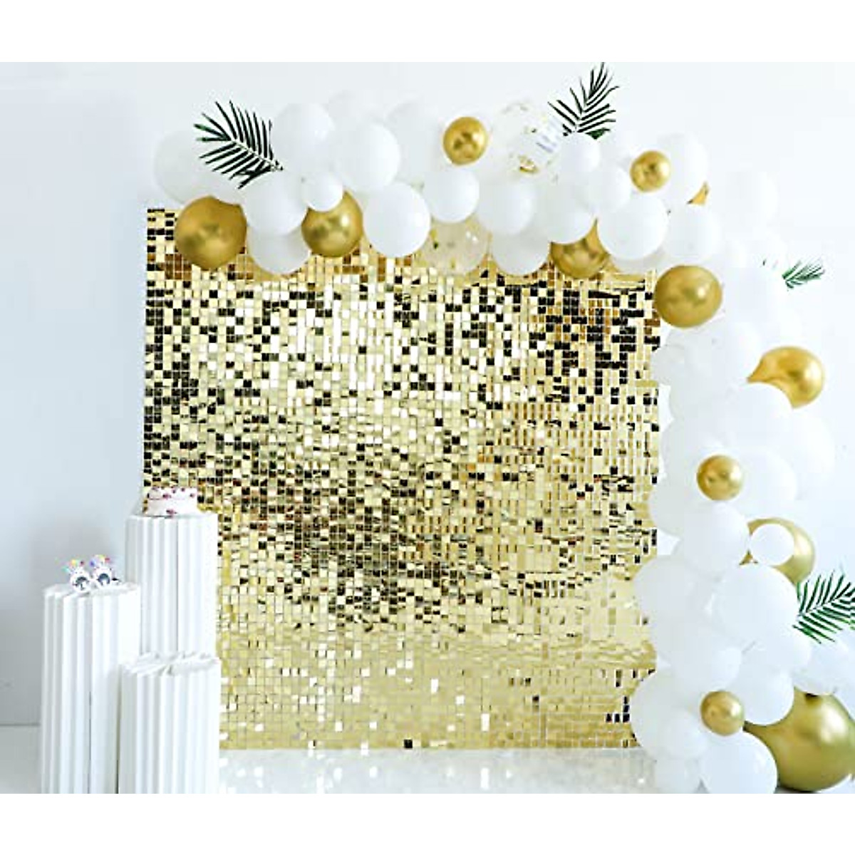 Light Gold Shimmer Wall Backdrop Square Sequin Wall Panel Backdrop Decor for Wedding, Anniversary, Birthday, Party, 12 Panels