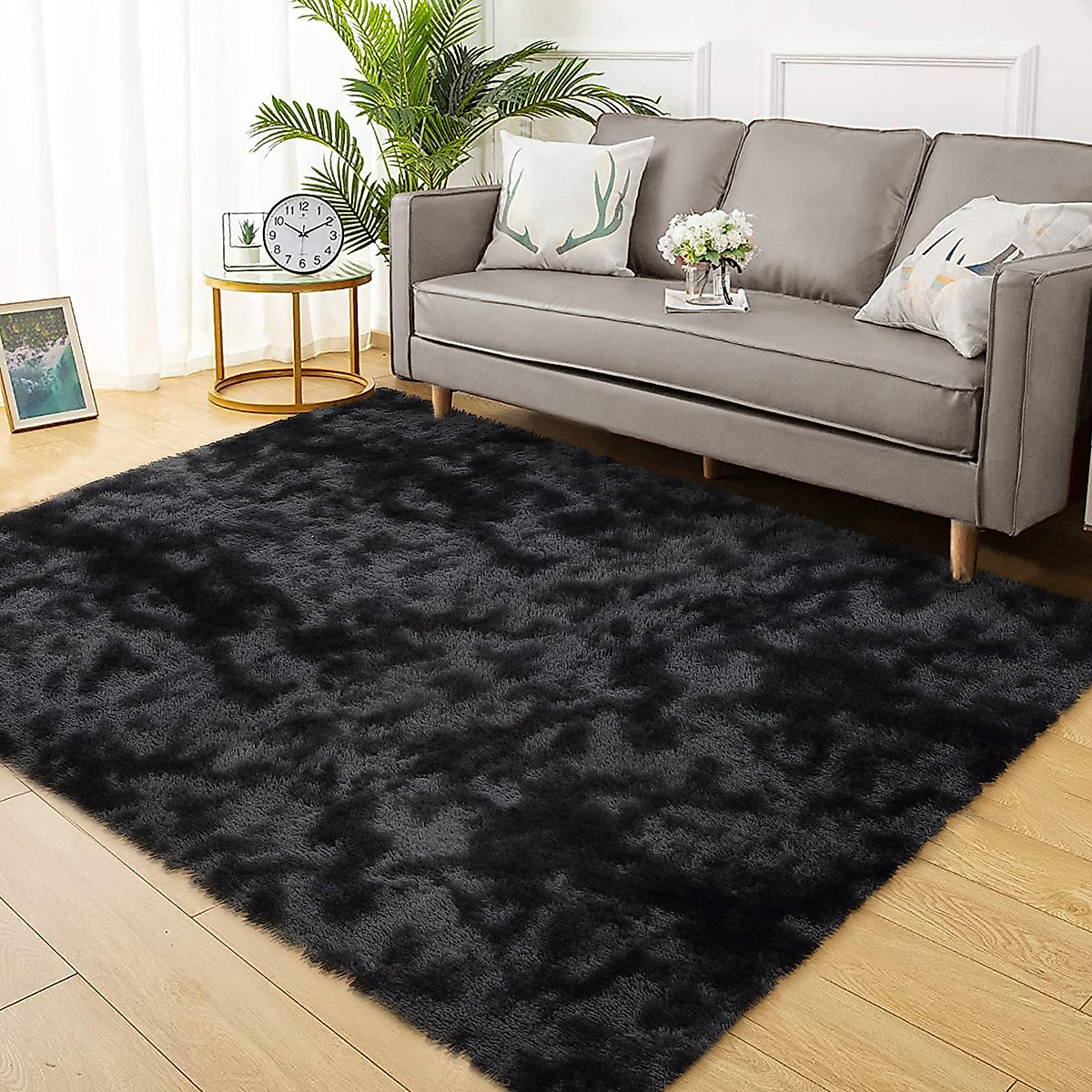 JOLENE.K Shag Rugs 10x13 Soft Plush Nursery Rug Tie Dyed Aesthetic Carpet for Living Room Non Shedding Bedroom Rugs Fluffy Neutral Office Rug Furry Indoor Throw Rugs Tie Dye Black Grey