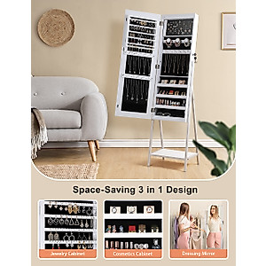 Nicetree 8 LEDs Standing Jewelry Mirror Cabinet, Full Length Mirror and Jewelry Storage All in One, Superior Storage Capacity Jewelry Armoire Stand Up Mirror (White)