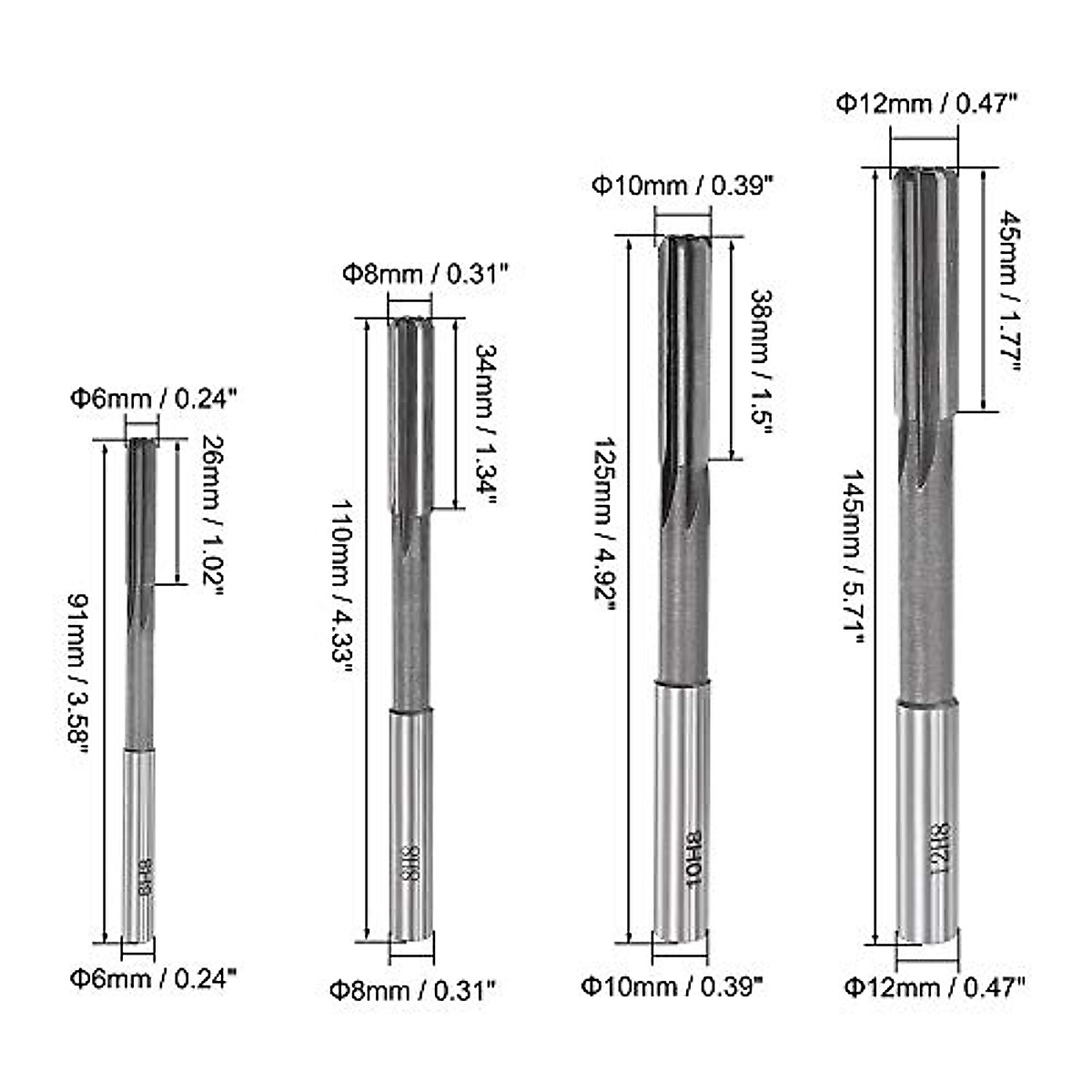 uxcell Chucking Reamer Set Lathe Machine Reamer Straight Flute Milling Cutter High Speed Steel H8 Tolerance (6mm 8mm 10mm 12mm) 4pcs