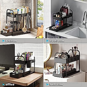 [2 Pack] Adjustable Height Under Sink Organizers and Storage, 2-Tier Cabinet Organizer With Hooks, Hanging Cup, Handles, Organization and Storage for Kitchen Sink Bathroom, Four gears height Fodayuse