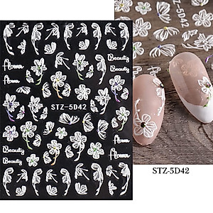 3D Embossed Spring Flower Nail Art Stickers Decals 4 Sheets 5D Self-Adhesive Pegatinas Uñas Pink Cherry Blossoms Floral Nail Supplies Nail Art Design Decoration Accessories