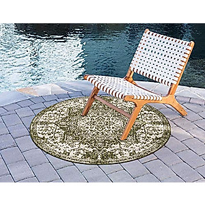 Unique Loom Outdoor Collection Area Rug - Dubai (4' 1' Round, Green/ Ivory)