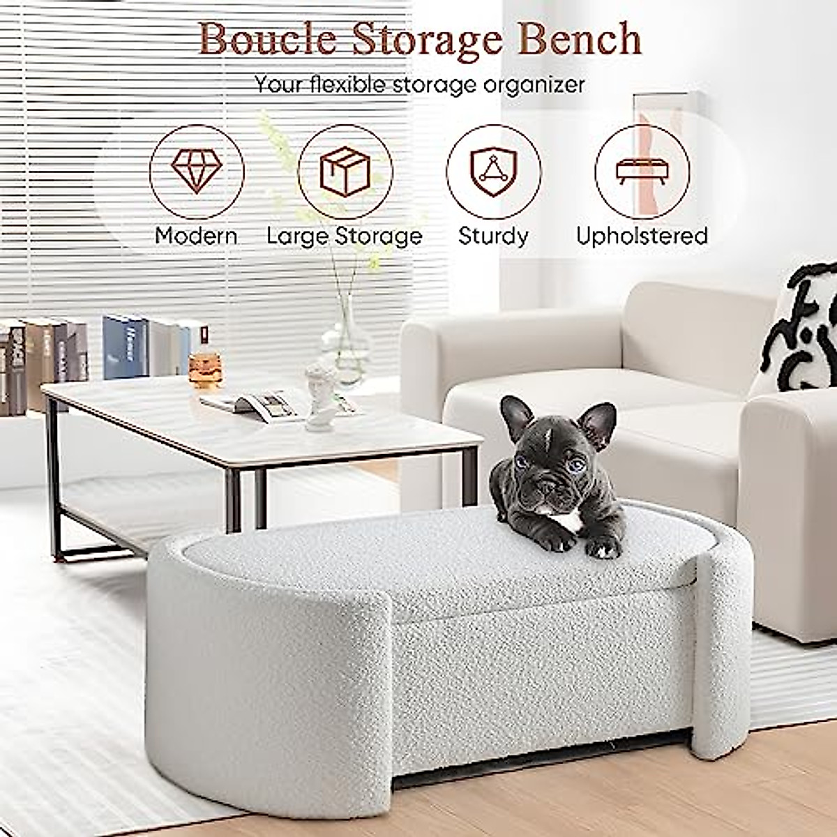 Deolme White Boucle Storage Ottoman Bench- Modern Wooden Indoor Upholstered Storage Bench End of Bed Stool Sherpa Bench Bedside with Safety Hinge for Bedroom, Living Room Seating, Entryway