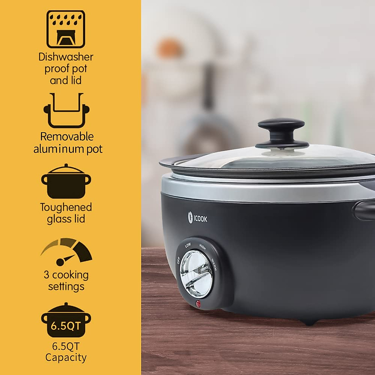 ICOOK USC-65-OP001BK 6.5 Quart Slow Cooker,Aluminium Sear/Sauté Stew Pot Stovetop safe,Dishwasher Safe,Glass Lid,Adjustable Temp,Food Warmer(Black)