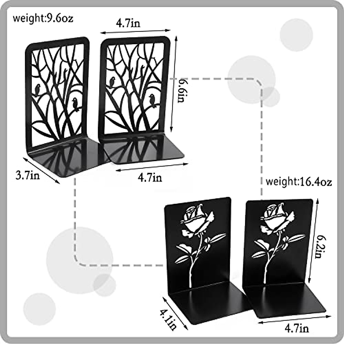 Book Ends, Bookends for Shelves, Non Skid Book Stoppers，Heavy Duty Metal Book Stopper for Books/CDs, Decorative Book Shelf for Home, (2 Pairs)