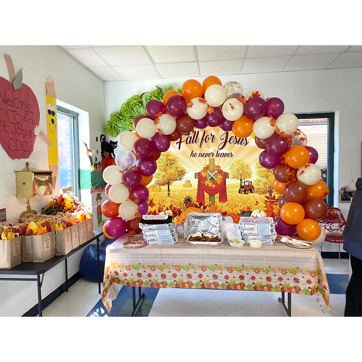 Fall for Jesus Backdrop Autumn Thanksgiving He Never Leaves Photography Background Maple Leaves Pumpkin Sunflower Friendsgiving Christian Religion Supplies Photo Banner (6x4ft(70x40inch))