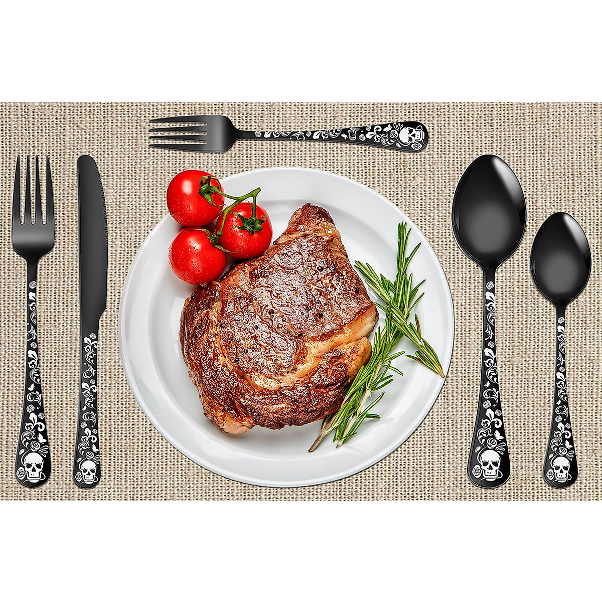 XIAOYU 20-Piece Bizarre Flatware Set, Gothic Skull Silverware Set for 4, Skeleton Flower Unique Pattern Design, Knives/Forks/Spoons Cutlery Set Halloween Event Tableware Utensils, Black