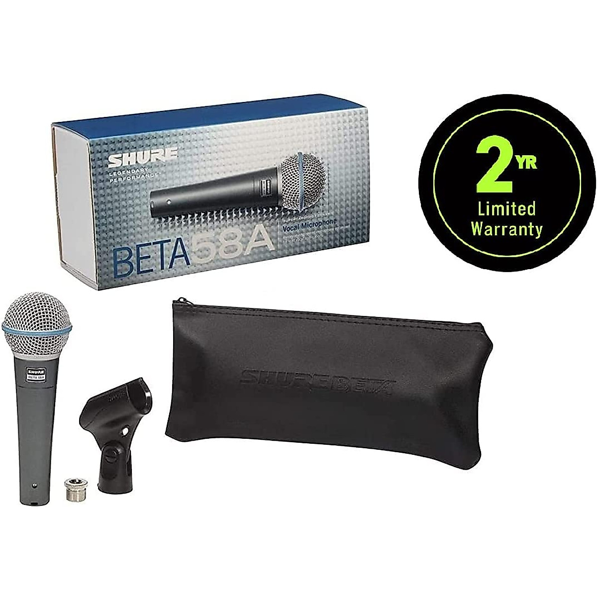 Shure BETA 58A Vocal Microphone - Single Element Supercardioid Dynamic Mic for Stage and Studio, Includes A25D Adjustable Stand Adapter, 5/8” to 3/8” (Euro) Thread Adapter and Storage Bag