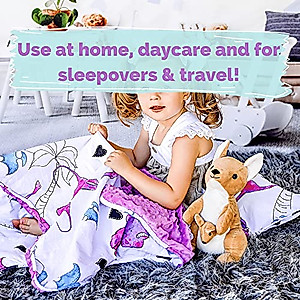 JumpOff Jo - Toddler Nap Mat for Preschool, Daycare, and Kindergarten - Sleeping Bag for Kids with Removable Pillow and Ultra Soft Blanket - Pink Dino