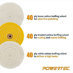 POWERTEC 71631 6 Inch Bench Grinder Buffing Wheel Kit w/ 3pcs Polishing Compound Set Including Black, White, Green Bars and Treated Yellow (40 Ply) Loose Cotton (40 Ply), White Cotton (40 Ply)