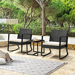 Devoko 3 Pieces Patio Chair Set Outdoor Rocking Chairs Set Resin Patio Furniture Bistro Sets Porch Furniture with Coffee Table (White)