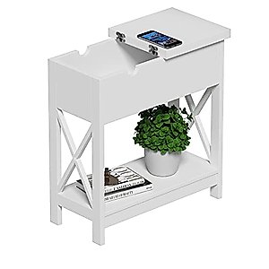 ChooChoo End Table, Narrow Flip Top Side Table for Small Spaces, Bedside Table with Open Storage Shelf, Nightstand Sofa Table for Living Room, Bedroom White