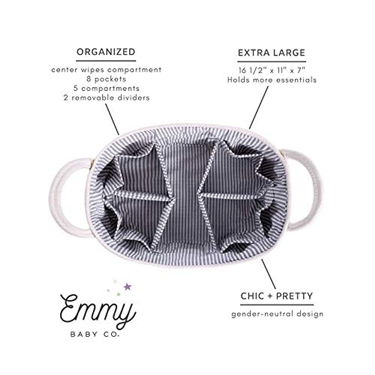 Emmy Baby Co. Rope Diaper Caddy Organizer - Large Nursery Storage Bin - Car Organizer - Baby Shower Basket - with 8 Pockets and Removable Dividers - Creamy White