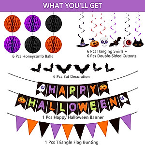 Happy Halloween Banner 26pcs Halloween Party Decorations Paper Triangle Flag Bunting Honeycomb Ball Hanging Swirl Streamers Bats Stickers Wall Decor DIY Indoor Outdoor Home Decor