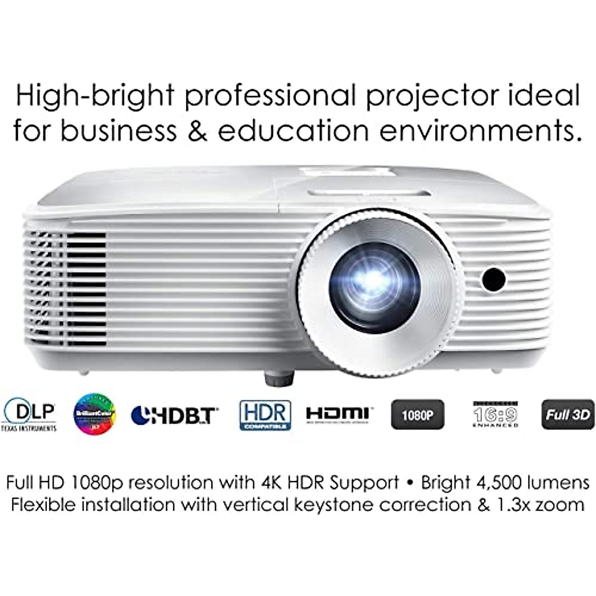 Optoma EH412x Professional 1080p Projector | 4,500 Lumens for Daytime Use in Meetings, Training and Classrooms | 15,000 Hour Lamp Life | 4K HDR Input | Built-in Speaker