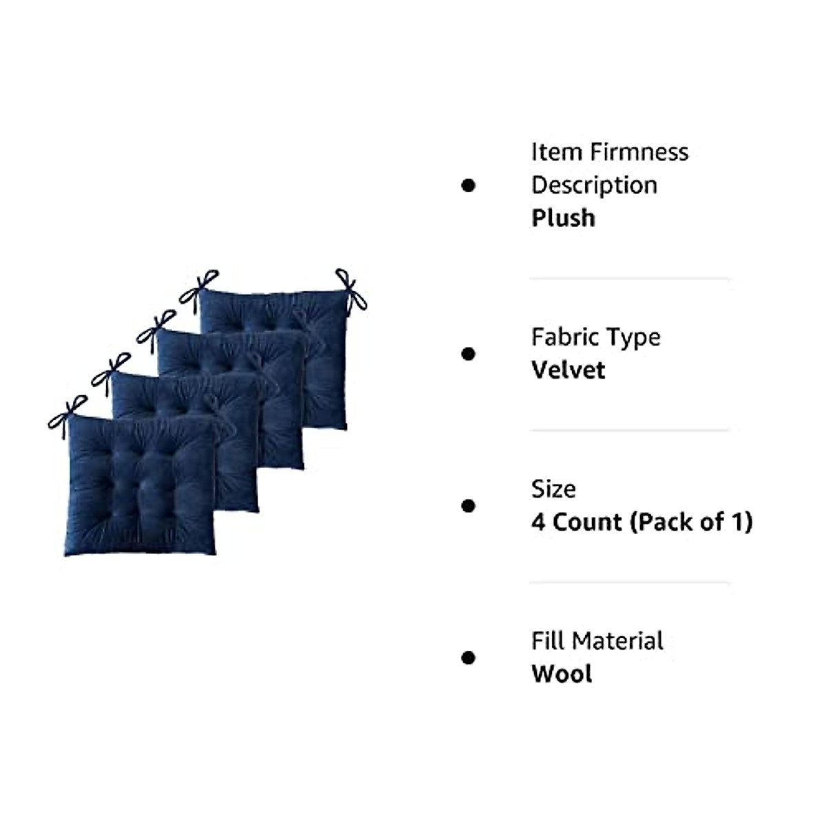 ELFJOY Set of 4 Square Chair Pads Indoor Seat Cushions Pillows with Ties Thick Soft Seat Cushion for Kitchen Dining Office Chair (18.8", Navy)