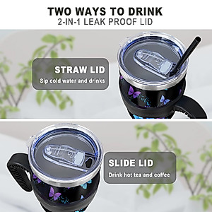 Exacmos 40 oz Tumbler with Handle and Straw 40 oz Butterfly Cup Insulated Stainless Steel Coffee Travel Mug Spill Proof Leak Proof Slim 40oz Tumbler with Handle Butterfly Decor Stuff Gifts for Women