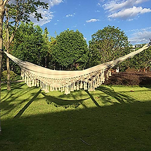 Handmade Cotton Woven Balcony Hammock Hanging Rope Chair Porch Swing with Crochet Fringe for Backyard Patio Garden Outdoor and Indoor Boho Style Natural White